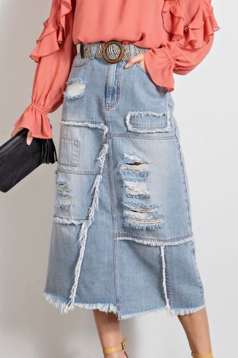 Distressed Denim Patch Skirt – Gathered in Grace